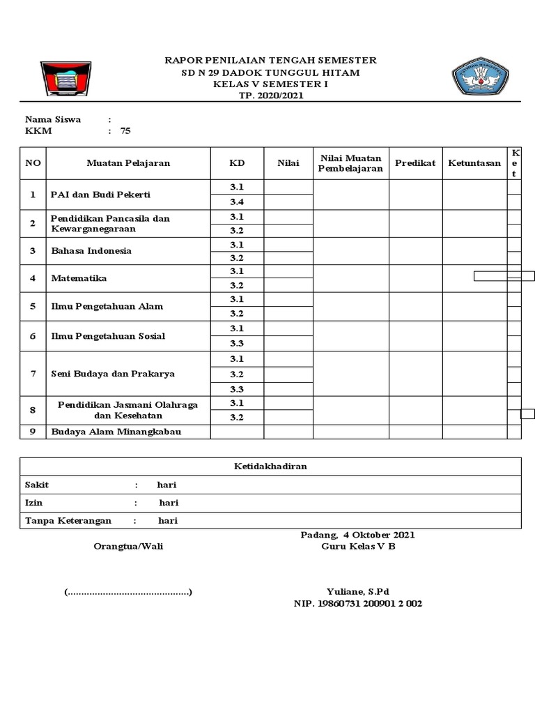 Rapor Penilaian Tengah Semester | PDF