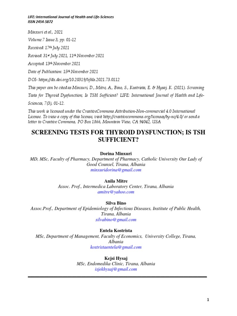 Screening Tests For Thyroid Dysfunction Is TSH Sufficient | PDF ...