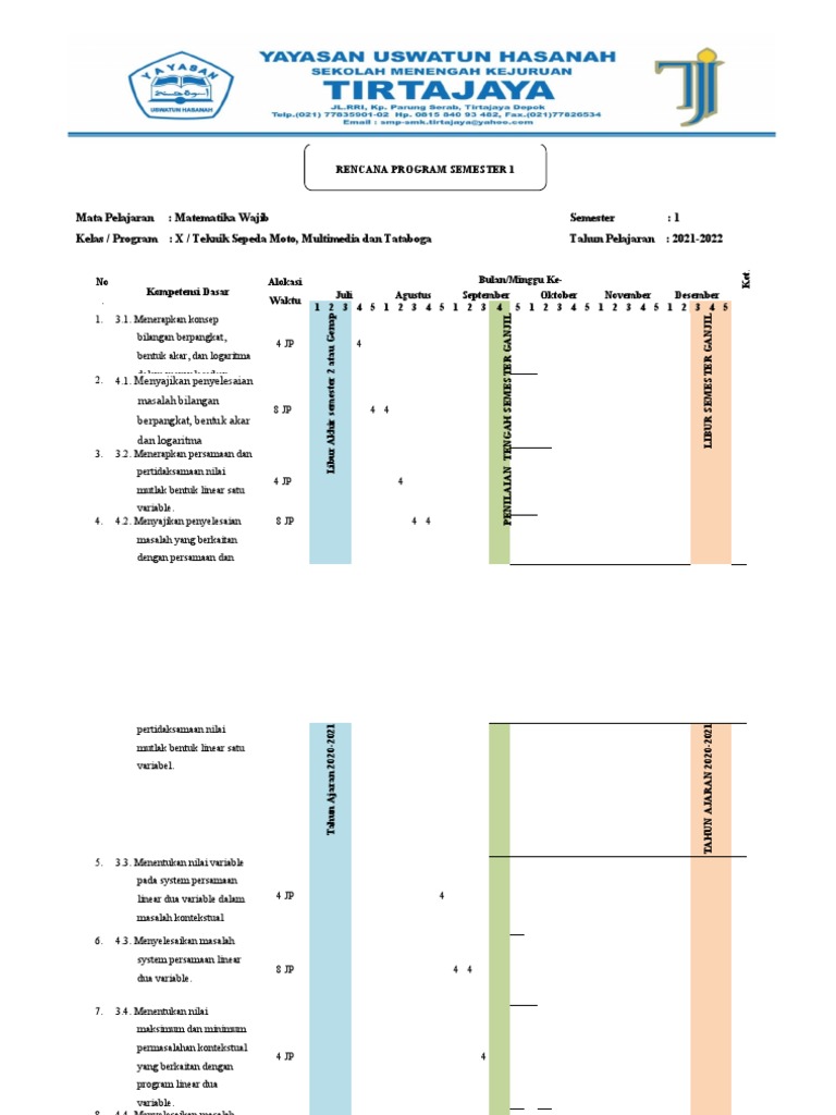 Program Semester Matematika Kelas X Benar | PDF