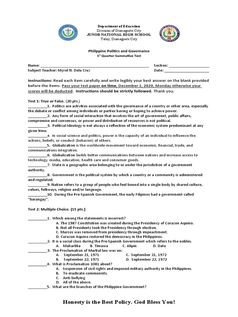 Instructions: Read Each Item Carefully and Write Legibly Your Best ...