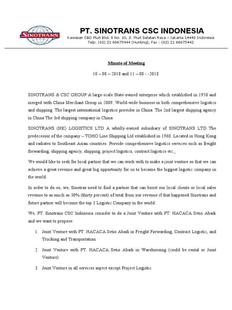 Pt. Sinotrans CSC Indonesia | PDF | Joint Venture | Business