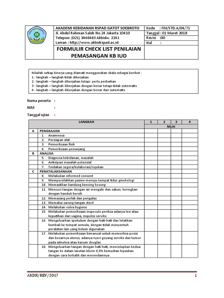 Checklist Penilaian Pemasangan KB IUD | PDF