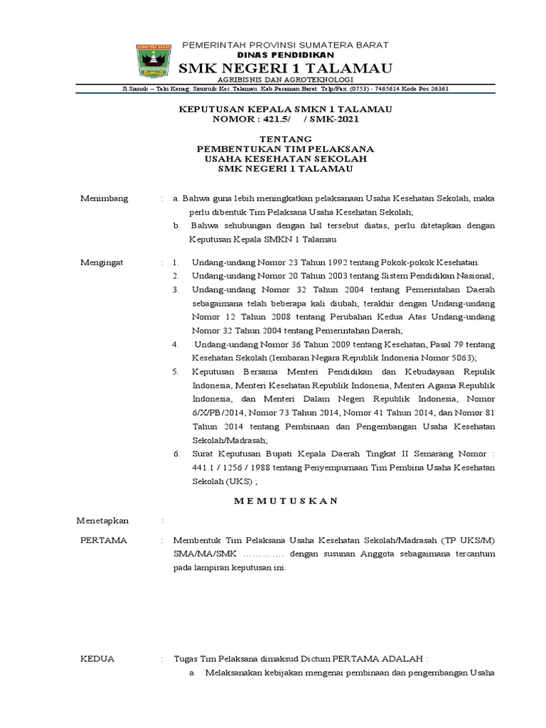 SK Tim Pelaksana Uks M Sma Ma SMK | PDF