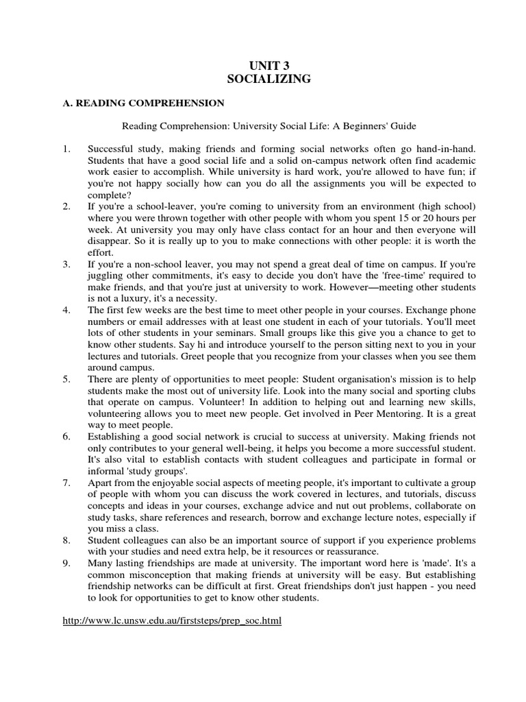 Unit 3 Socializing: A. Reading Comprehension | PDF | Friendship ...