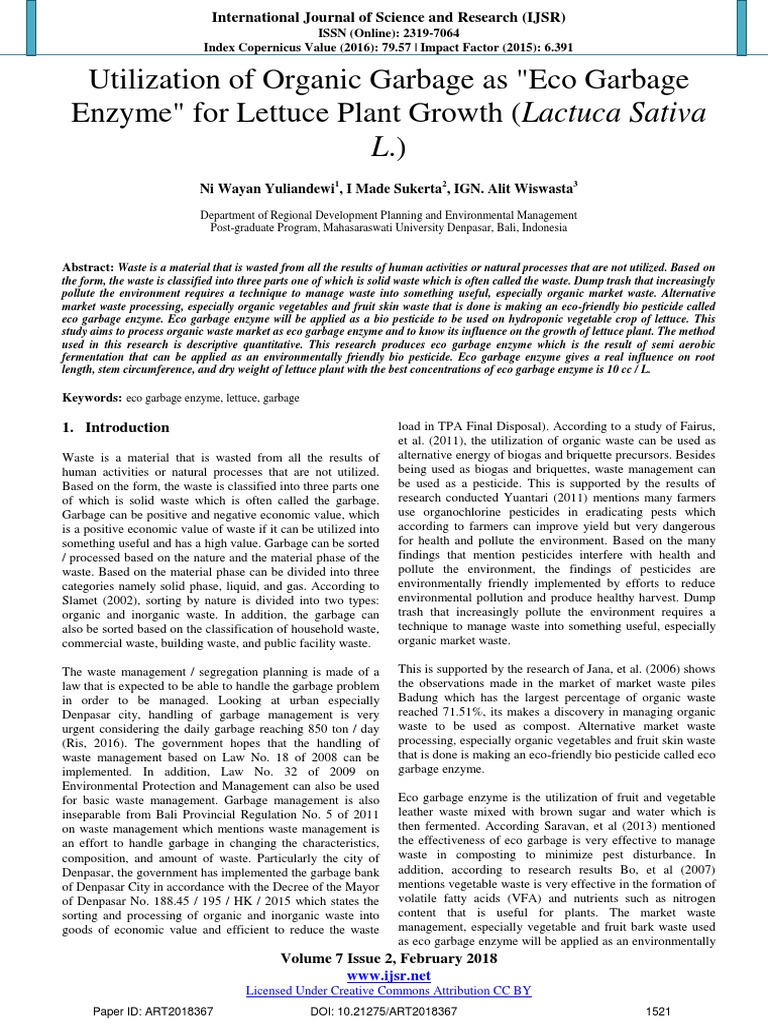 Utilization of Organic Garbage As Eco Garbage Enzyme For Lettuce Plant ...