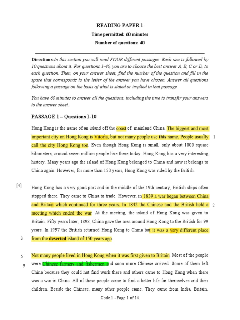 Reading Test 1-Part 1 Keys | PDF | Hong Kong | China