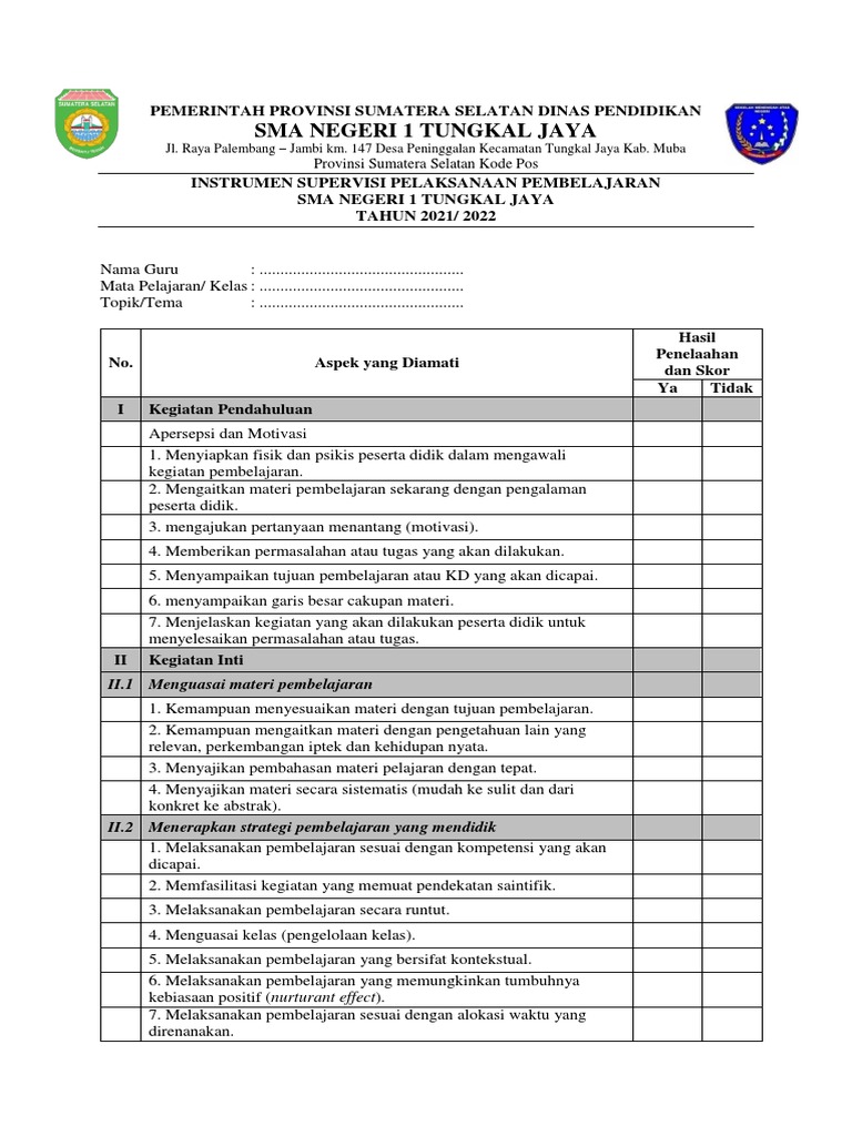 Instrumen Supervisi Guru | PDF