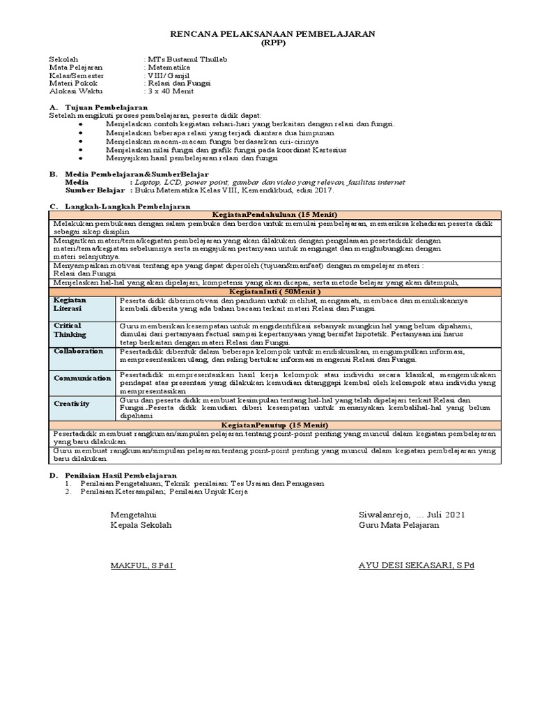 Perangkat Pembelajaran Matematika Kelas 8 Tp. 2021-2022/RPP KLS 8 ...
