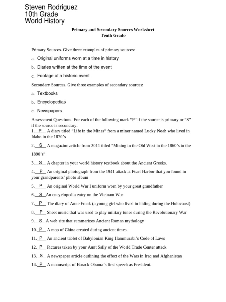 Primary and Secondary Sources Worksheet | PDF