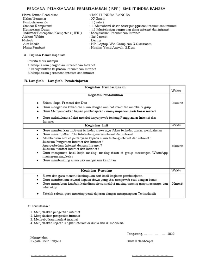 Rencana Pelaksanaan Pembelajaran (RPP) SMK It Indra Bangsa | PDF