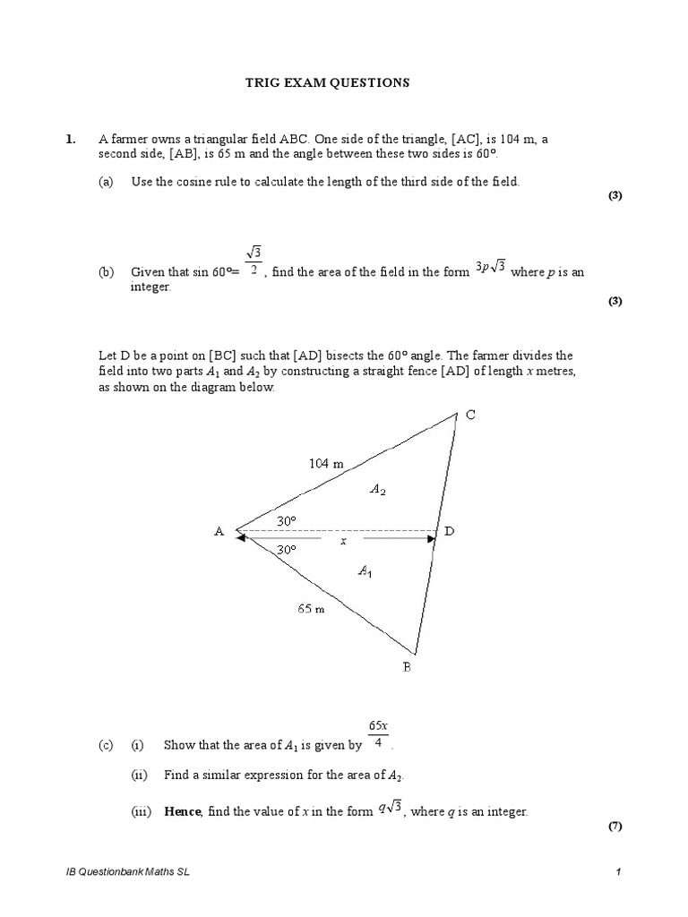 Sin and Cos Rule Exam Questions | PDF | Sine | Trigonometric Functions