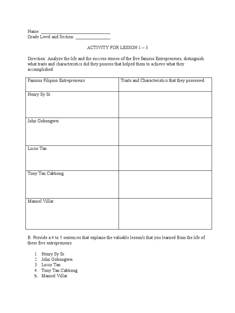 Entrepreneurship Activity 1 | PDF