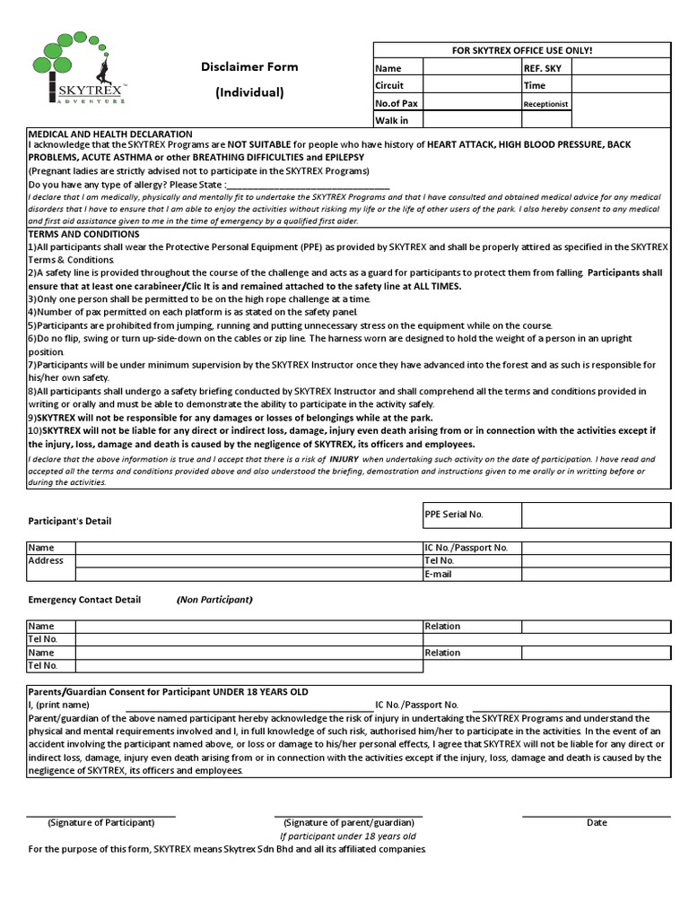 Disclaimer Form (Individual) : (Non Participant) | PDF | First Aid ...