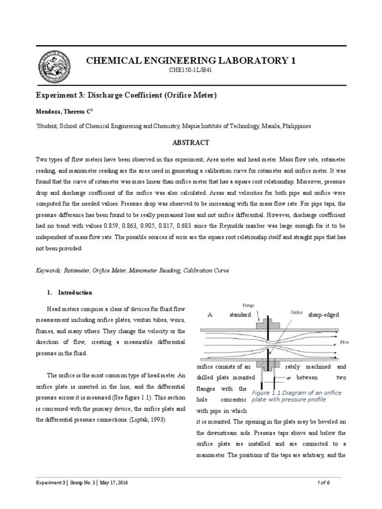 Chemical Engineering Laboratory 1: Experiment 3: Discharge Coefficient ...