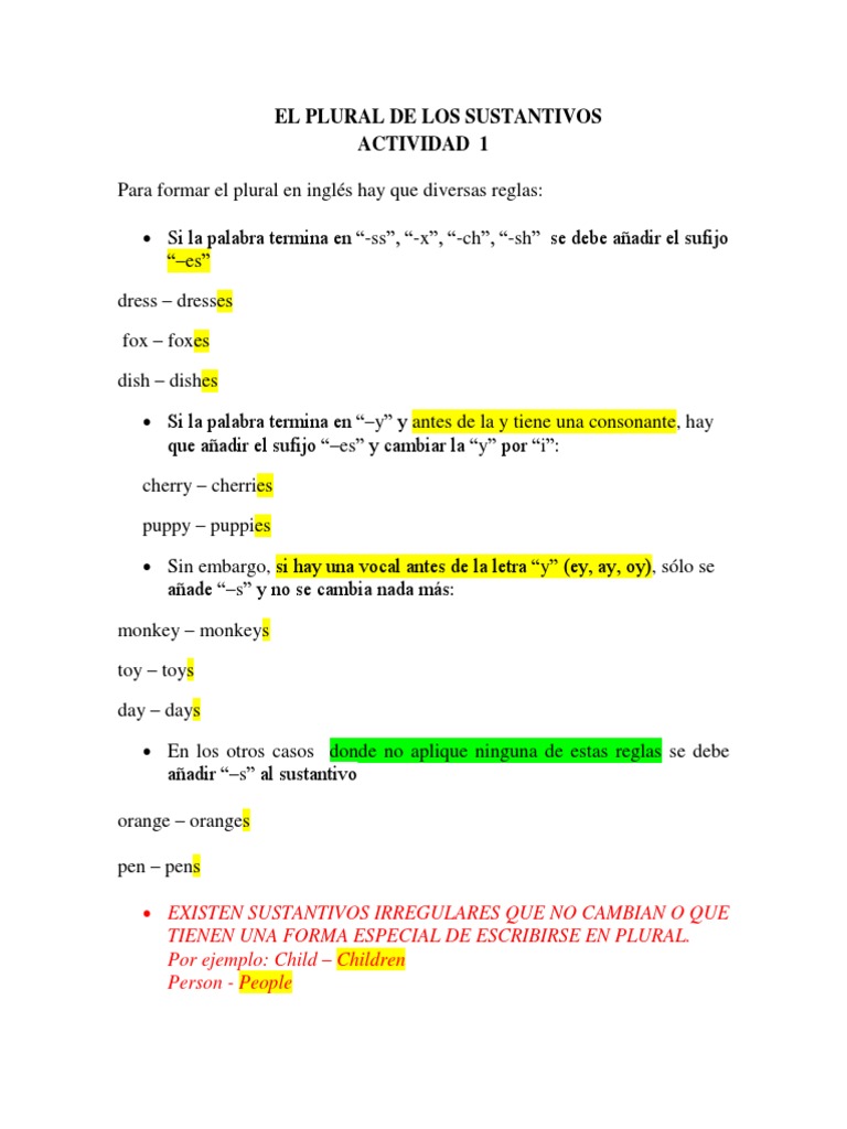 EL PLURAL DE LOS SUSTANTIVOS, ARTICULOS A y AN | PDF