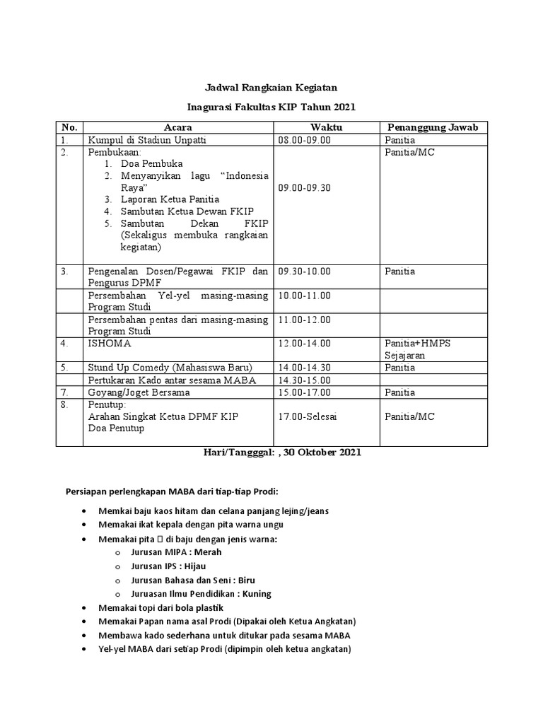 Susunan Acara Inagurasi Maba FKIP 2021 | PDF | Kajian Bahasa Asing ...