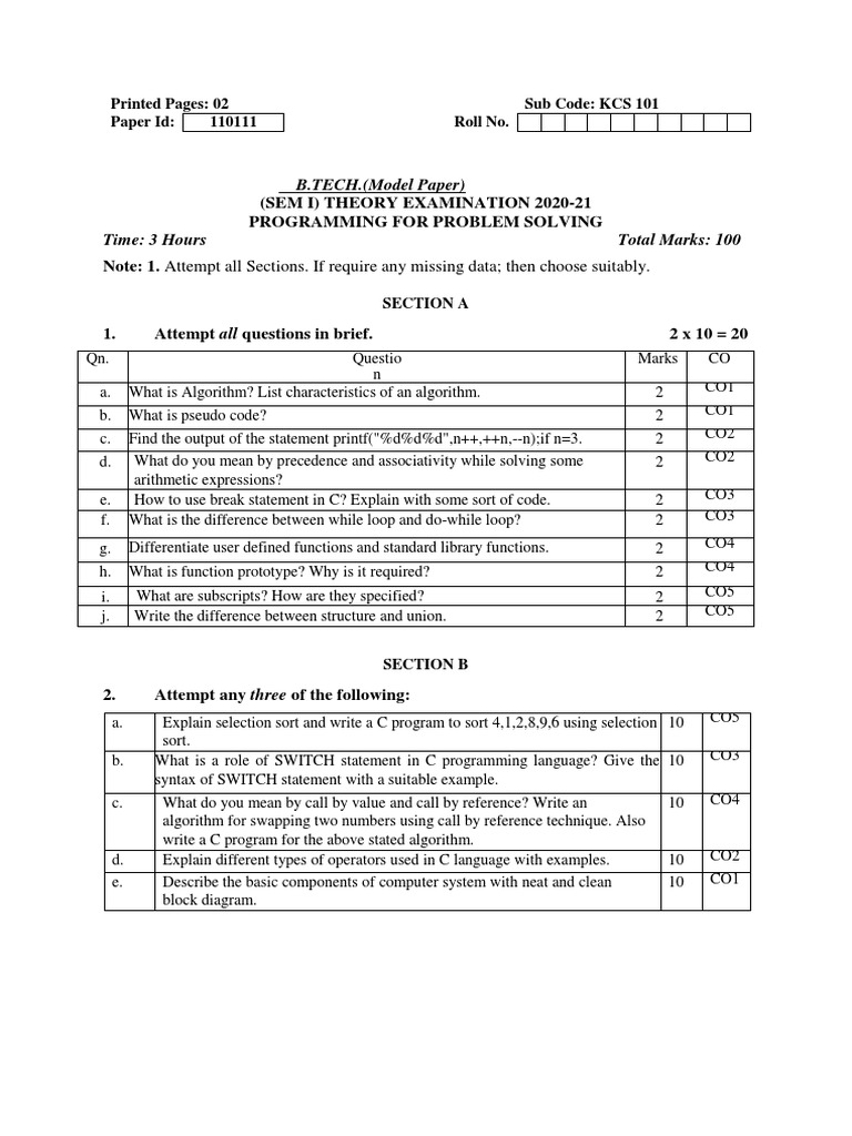 KCS101T - QP 2020 21 | Download Free PDF | Subroutine | C (Programming ...