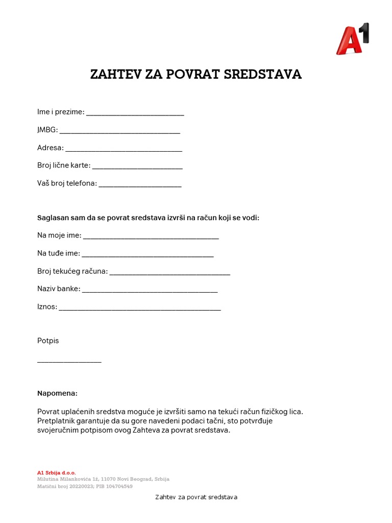 Zahtev Za Povrat Sredstava | PDF