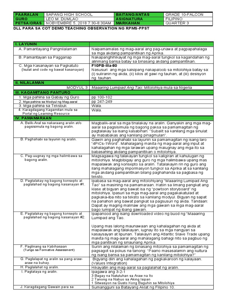 DLL Filipino10 | PDF