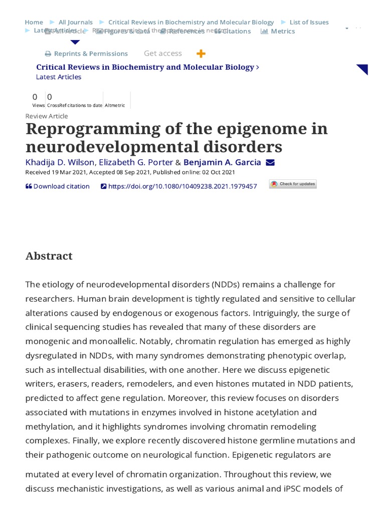 Epigenome Reprogramming in NDDs | PDF | Epigenetics | Biology