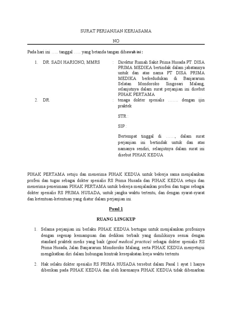 Surat Perjanjian Kerjasama Dokter Spesialis Pdf