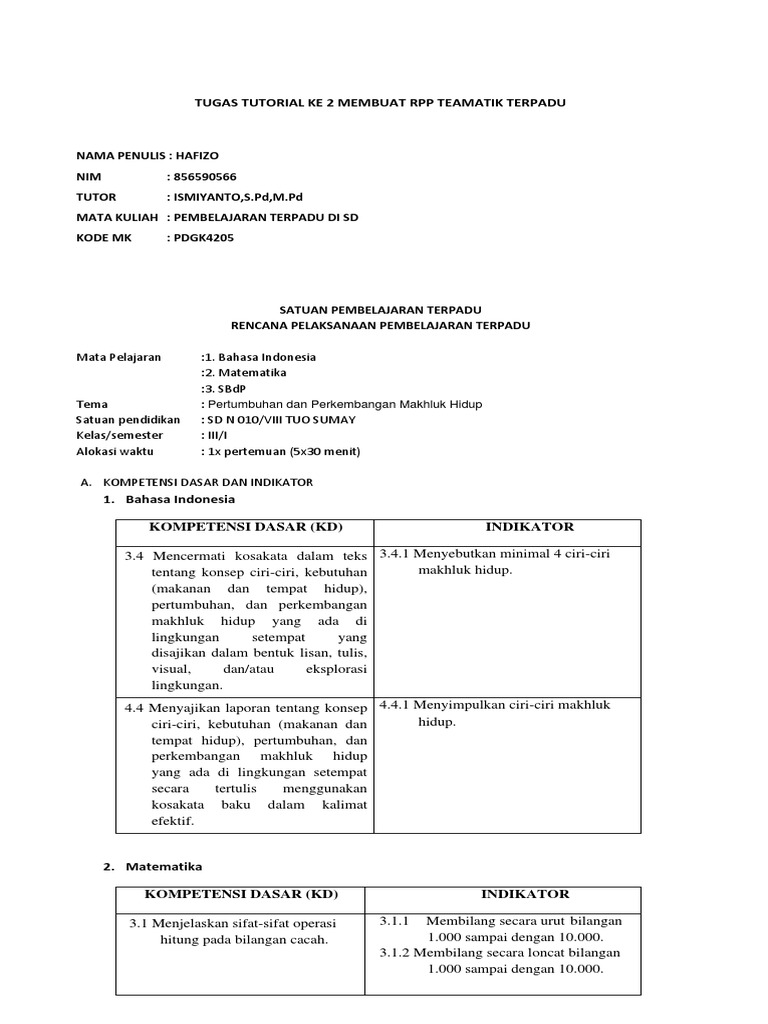 RPP Tematik Terpadu Kelas III SD | PDF