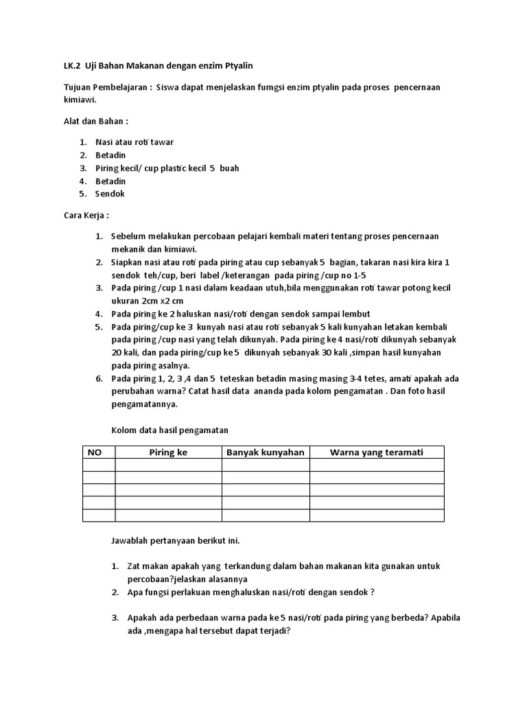 C. LK. 2 Uji Bahan Makanan Dengan Enzim Ptyalin | PDF