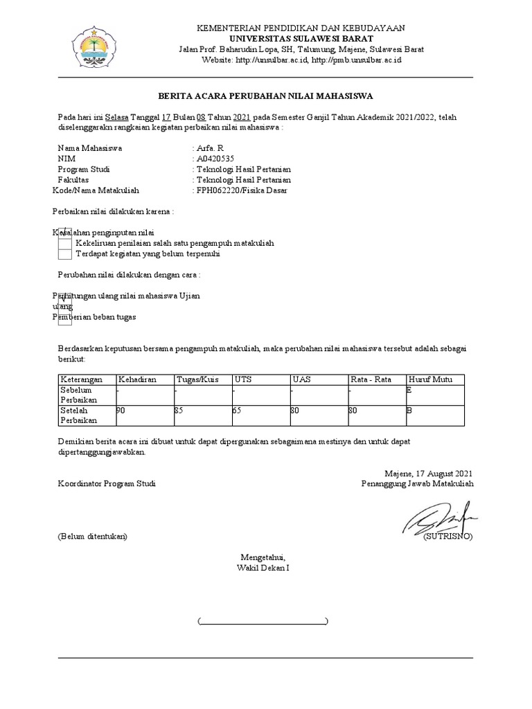 Form Perubahan NilaiA0420535 | PDF