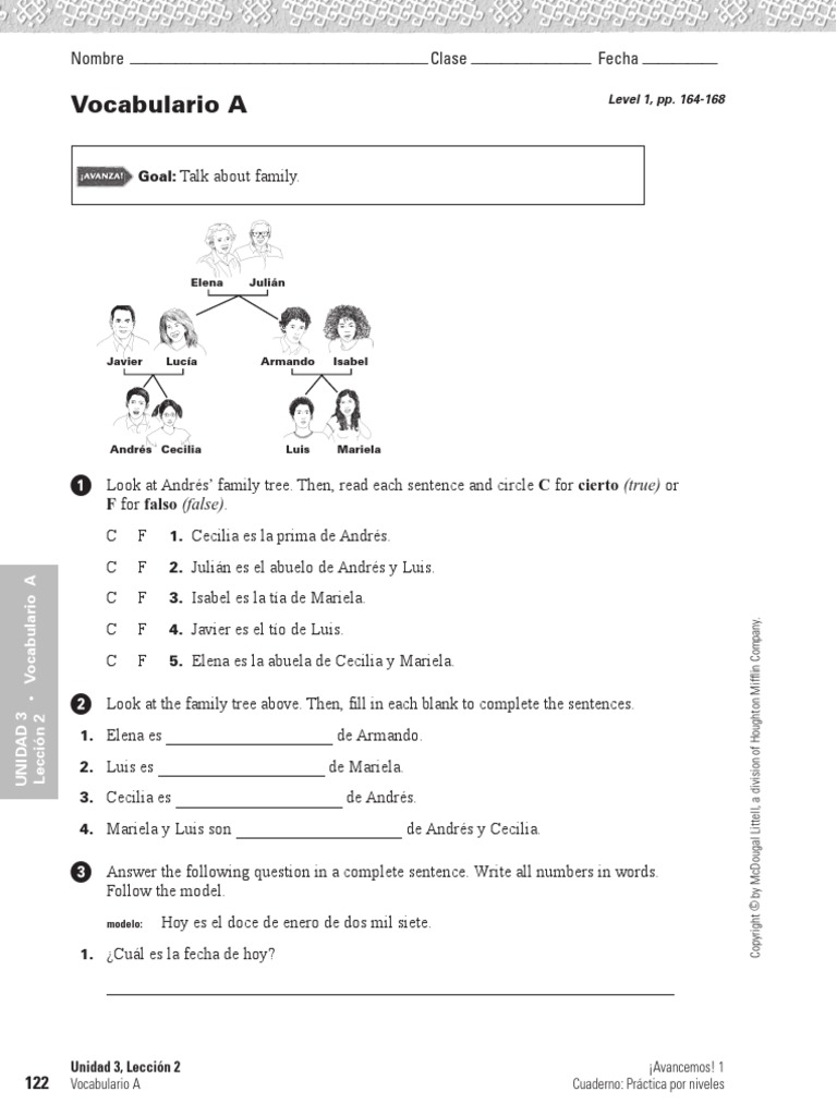 Avancemos 1 Unidad 3 Leccion 2 Workbook Pages | PDF