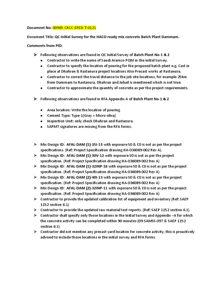 QC Survey for HACO Concrete Plant Dammam | PDF