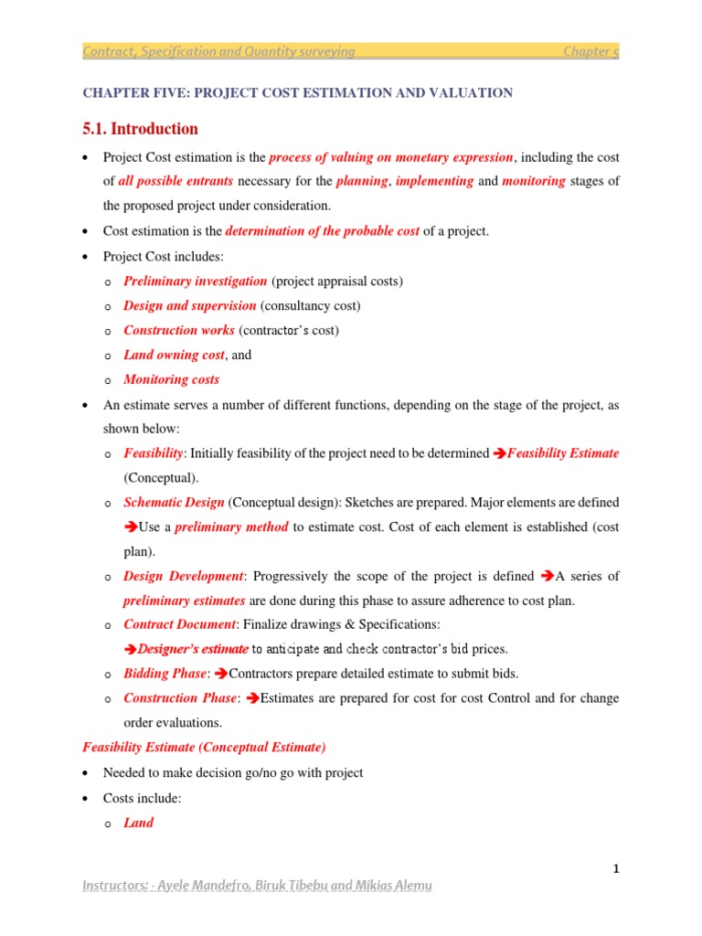 Chapter Five: Project Cost Estimation and Valuation: Contract ...