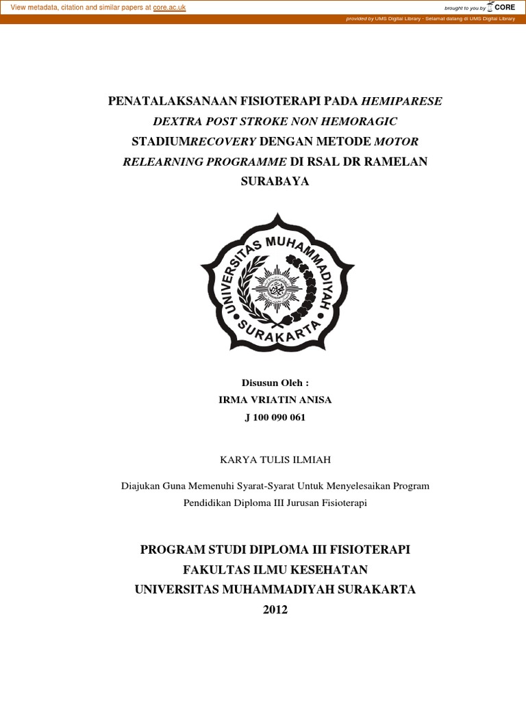 Penatalaksanaan Fisioterapi Pada Hemiparese: Dextra Post Stroke Non ...