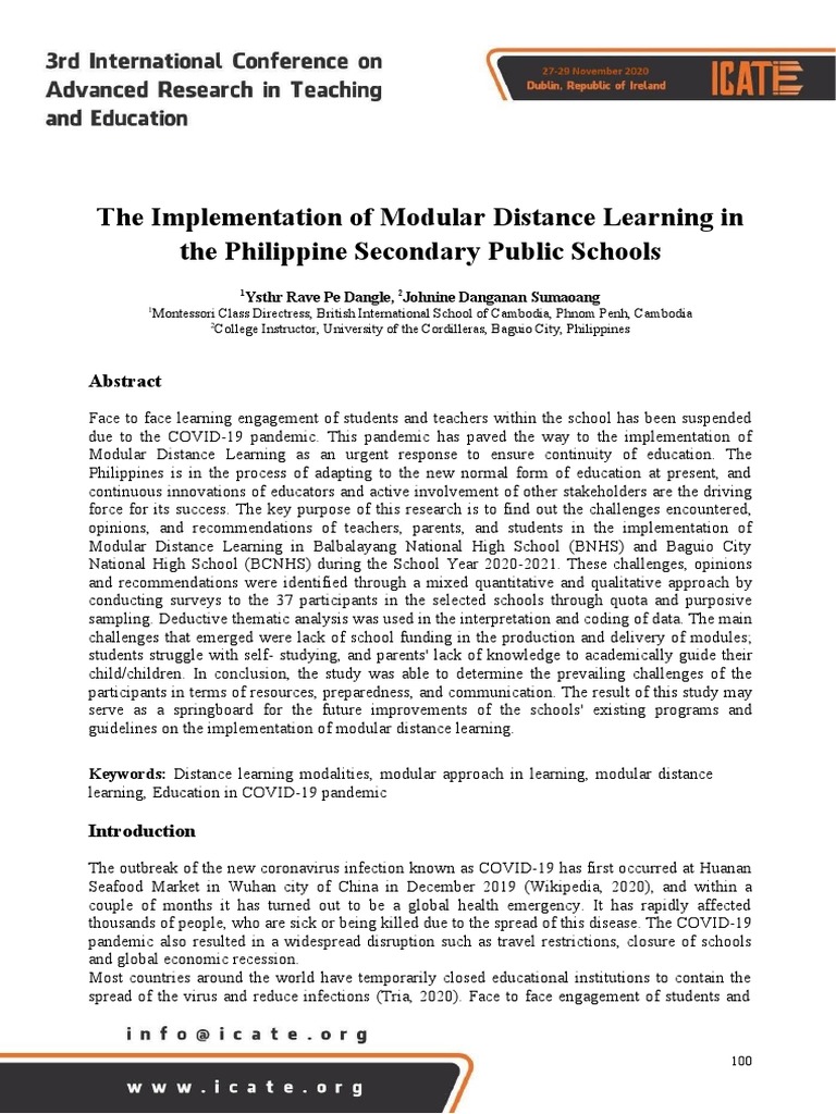 The Implementation of Modular Distance Learning in The Philippine ...