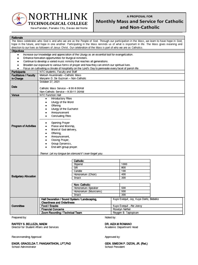 Proposal for Monthly Mass and Service for Catholic and Non-Catholic ...