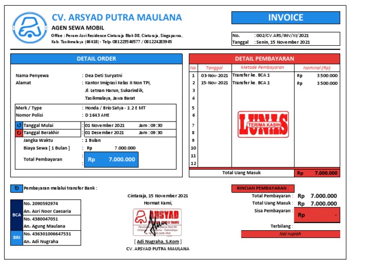 Invoice Rental Mobil Tasikmalaya | PDF