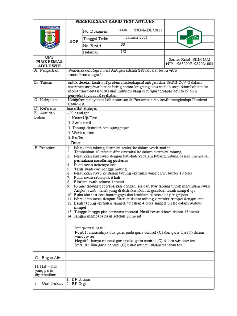 Sop Pemeriksaan Antigen | PDF