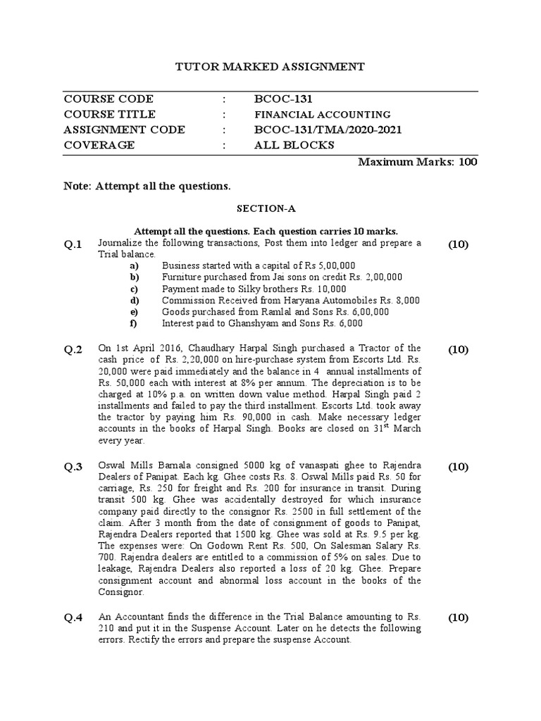 Tutor Marked Assignment Course Code: BCOC-131 Course Title: Assignment Code: BCOC-131/TMA/2020 ...