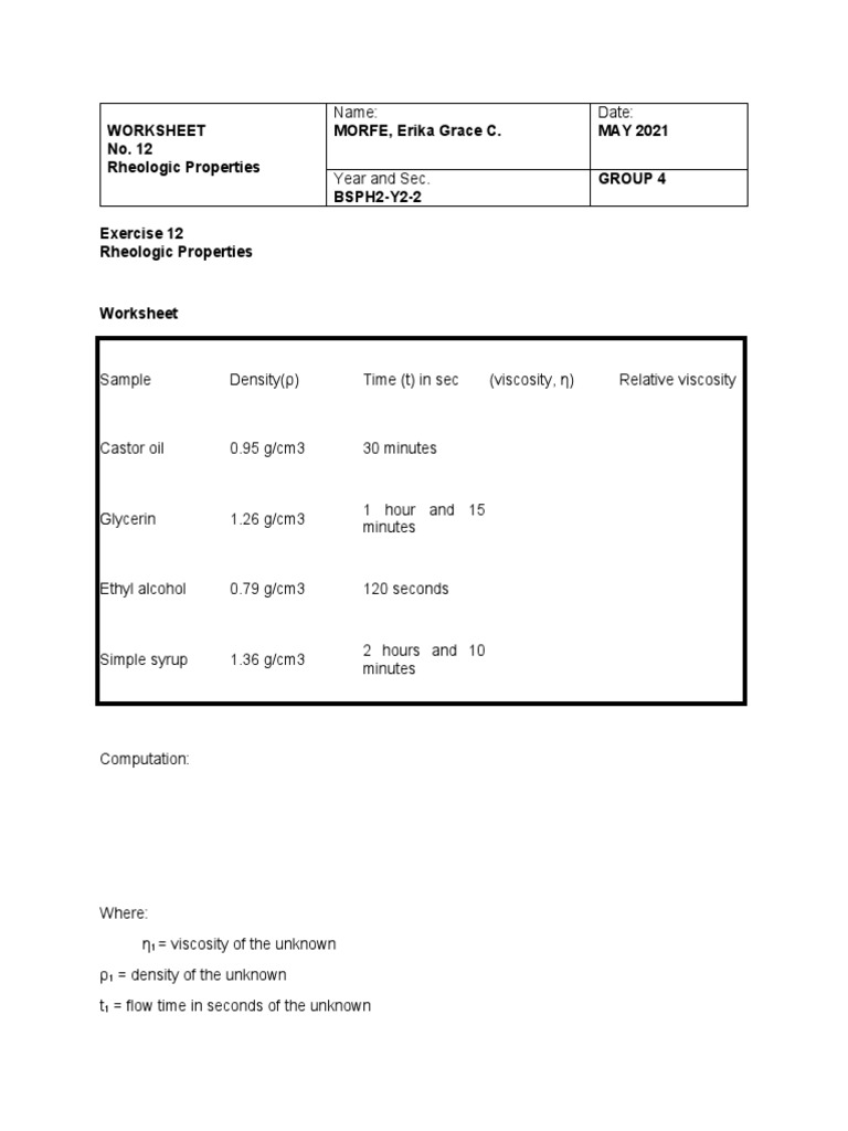 Worksheet 12 | PDF | Viscosity | Chemistry