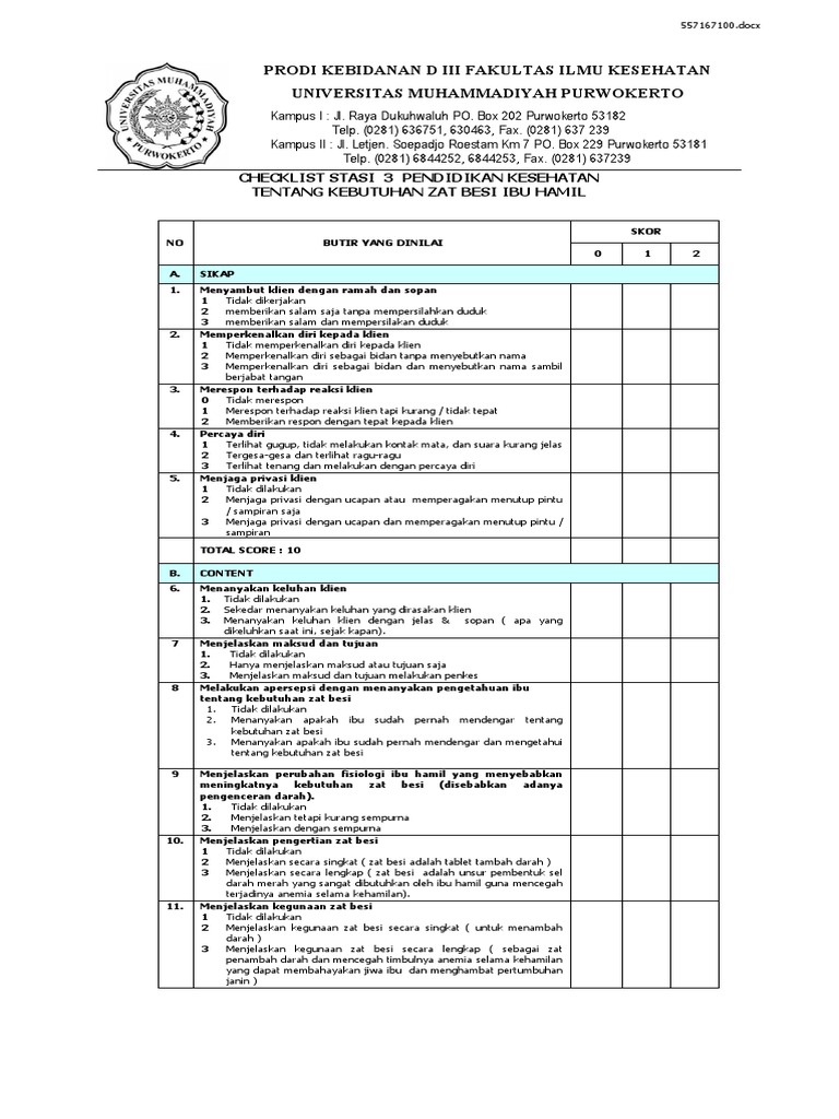 CEKLIST OSCA STASI 3 PENDKESH KEBUTUHAN TABLET Fe IBU HAMIL | PDF