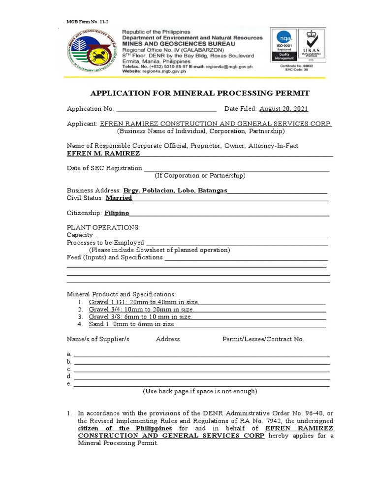 Application For Mineral Processing Permit: EFREN M. RAMIREZ | PDF ...
