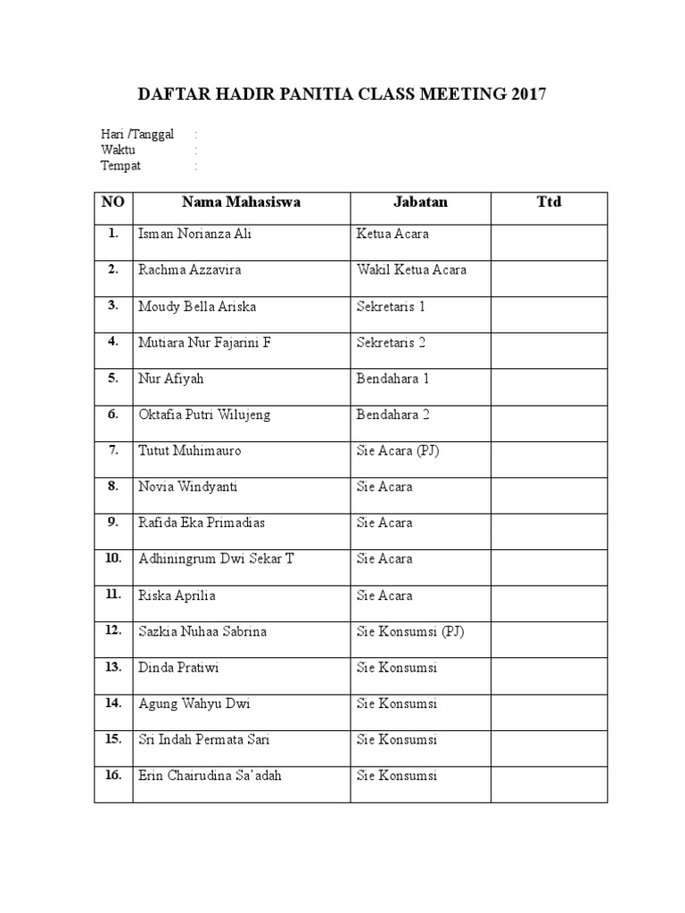 Absensi Panitia Class Meeting 2017 | PDF
