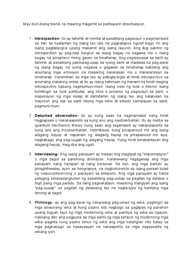 Mga Kahulugan NG Partsipant Obserbasyon | PDF