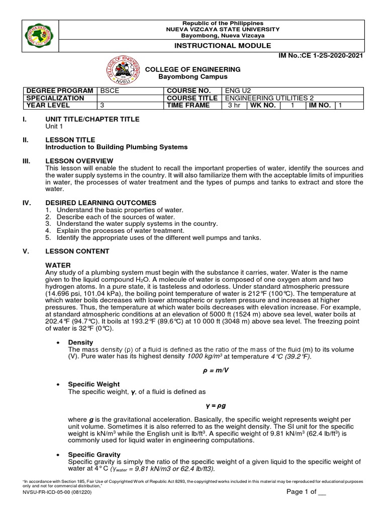 Eng U2 Module 1 - Plumbing | PDF | Sewage Treatment | Water Purification