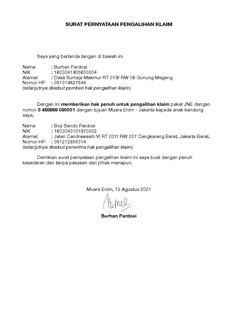 Surat Pernyataan Klaim 3458969090001 | PDF