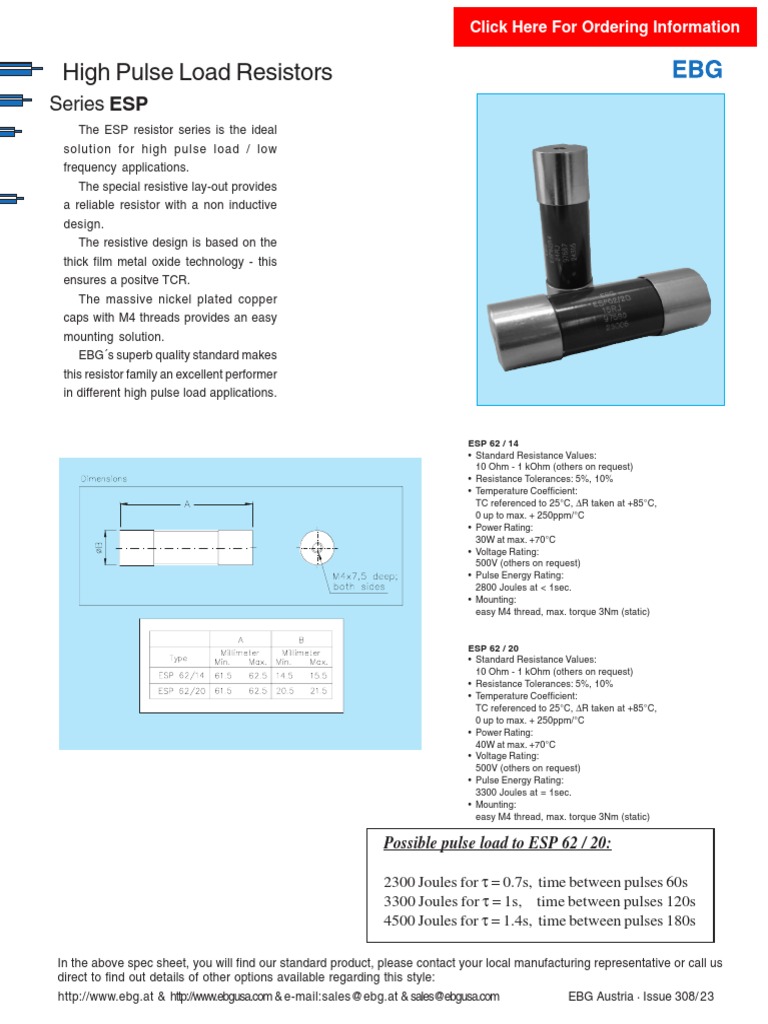 High Pulse Load Resistors: Series ESP | PDF | Resistor | Electrical ...