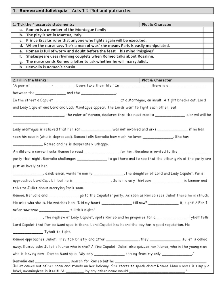 Romeo and Juliet Quiz - Acts 1-2 Plot and Patriarchy | PDF | Characters ...
