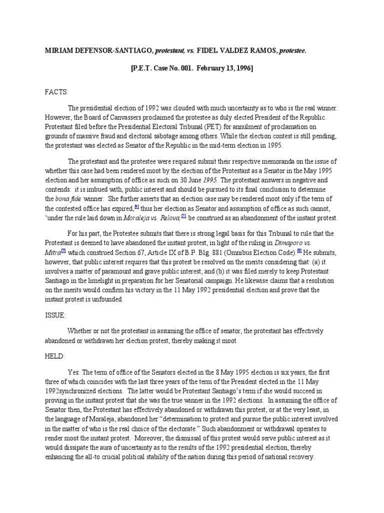 Miriam Defensor Santiago Protestant Vs Fidel Valdez Ramos Protestee ...