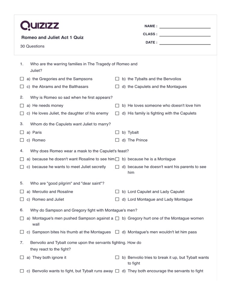 Romeo and Juliet Act 1 Quiz | PDF | Characters In Romeo And Juliet ...