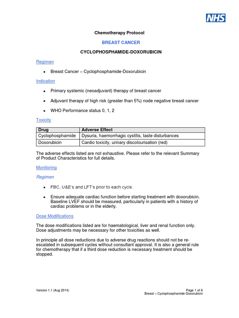 Breast Cancer Chemo Protocol: Cyclophosphamide-Doxorubicin | PDF ...