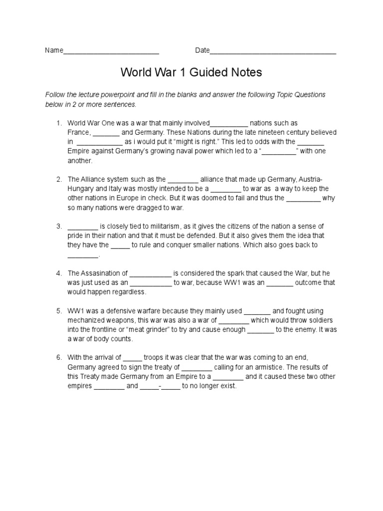 World War 1 Guided Notes and Topic Questions | PDF | World War I ...
